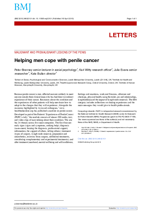 (PDF) Helping men cope with penile cancer