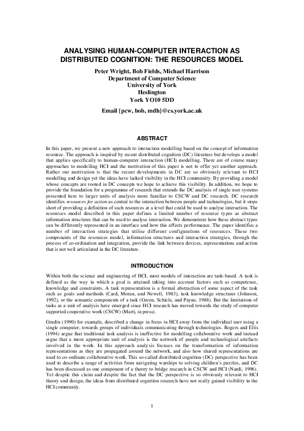 (PDF) Analyzing Human-Computer Interaction as Distributed Cognition: The Resources Model