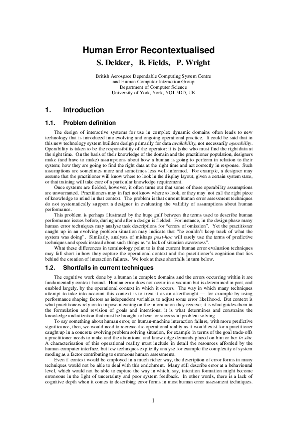 (PDF) Human Error Recontextualised