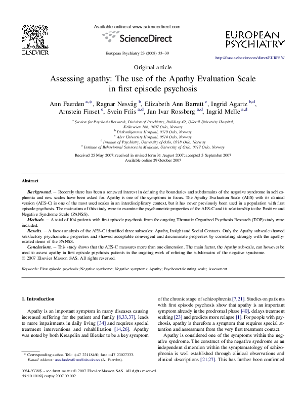 (PDF) Assessing apathy: The use of the Apathy Evaluation Scale in first ...