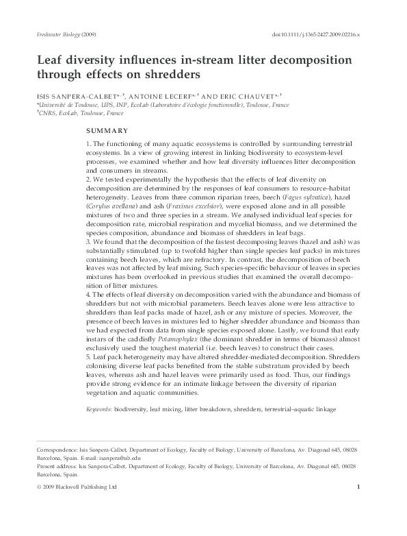 (PDF) Leaf diversity influences in-stream litter decomposition through ...