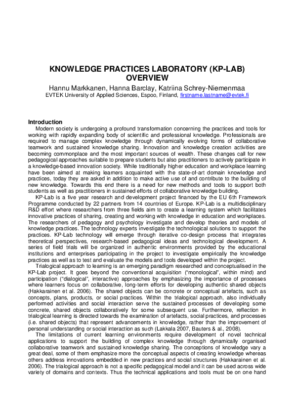 (PDF) Knowledge Practices Laboratory (KP-Lab) Overview