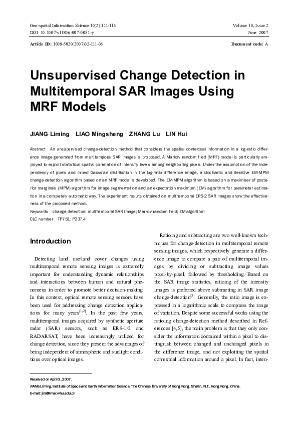(PDF) Unsupervised change detection in multitemporal SAR images using MRF models