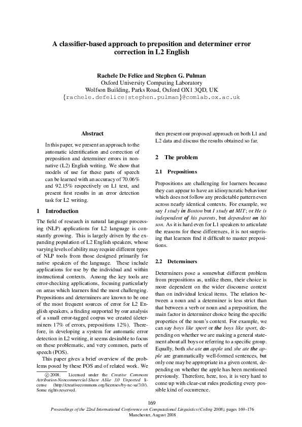 Pdf A Classifier Based Approach To Preposition And Determiner Error Correction In L2 English