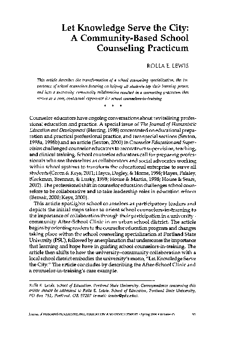 (PDF) Let Knowledge Serve the City: A Community-Based School Counseling Practicum
