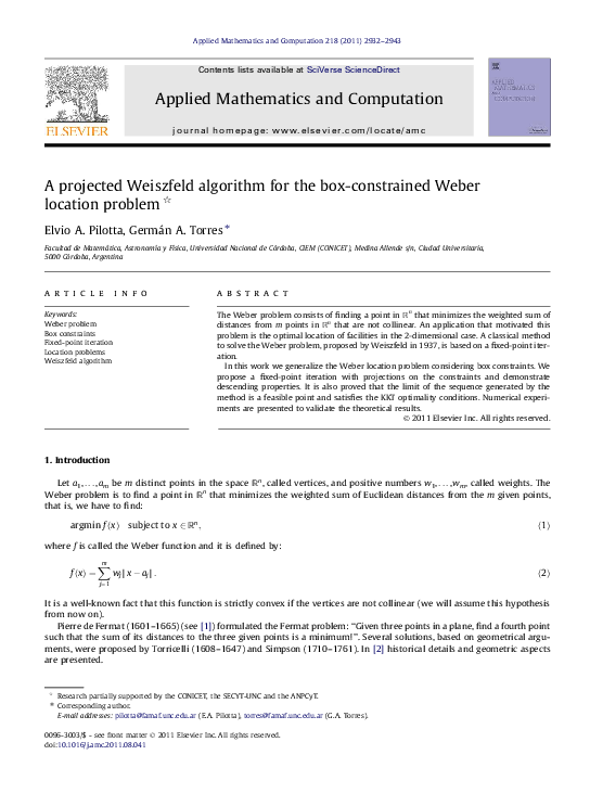 Pdf A Projected Weiszfeld Algorithm For The Box Constrained Weber Location Problem German