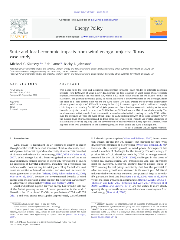 (PDF) State and local economic impacts from wind energy projects: Texas ...