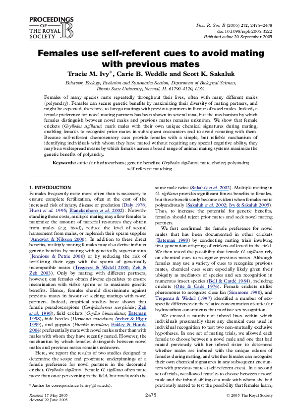 (PDF) Females use self-referent cues to avoid mating with previous mates