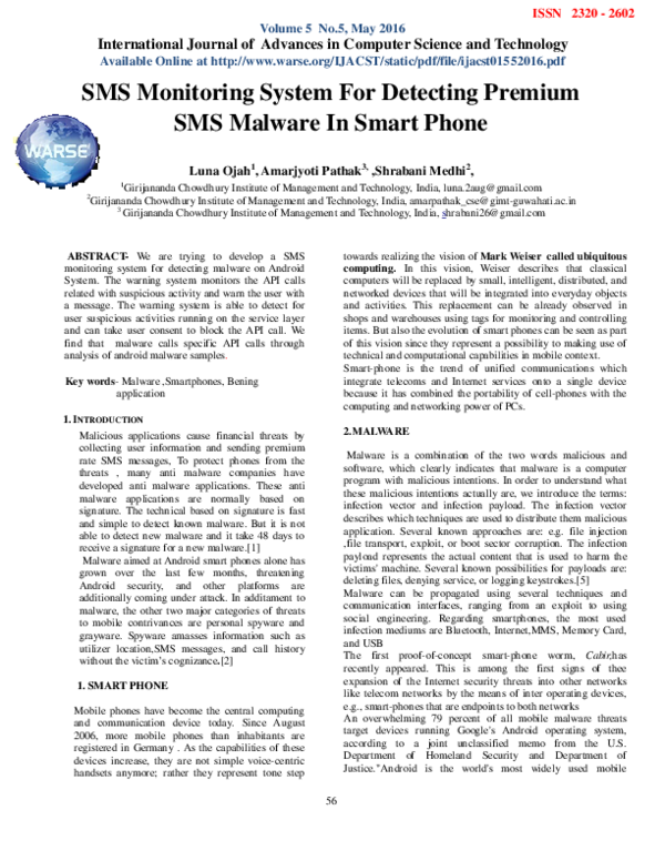 (PDF) SMS Monitoring System For Detecting Premium SMS Malware In Smart ...