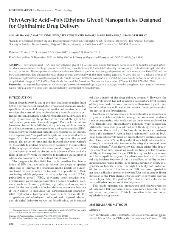 (PDF) Poly(Acrylic Acid)–Poly(Ethylene Glycol) Nanoparticles Designed for Ophthalmic Drug Delivery