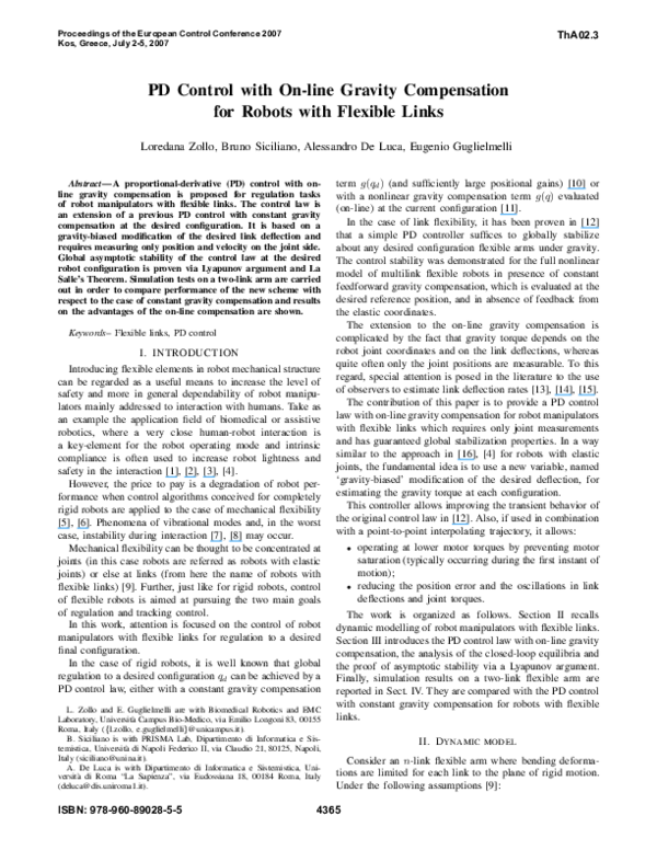 Pdf Pd Control With On Line Gravity Compensation For Robots With Elastic Joints Theory And