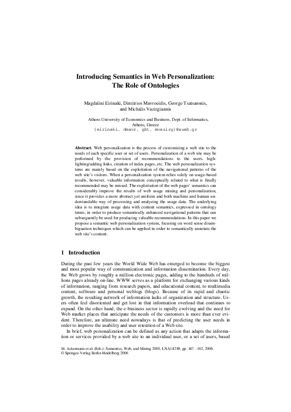 (PDF) Introducing semantics in web personalization: The role of ontologies