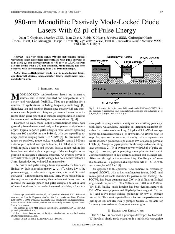 Pdf 980 Nm Monolithic Passively Mode Locked Diode Lasers With 62 Pj