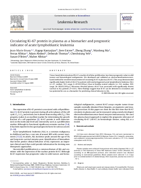 (PDF) Circulating Ki-67 protein in plasma as a biomarker and prognostic indicator of acute ...