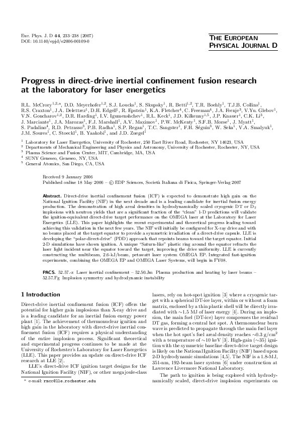 (PDF) Progress in direct-drive inertial confinement fusion research at ...