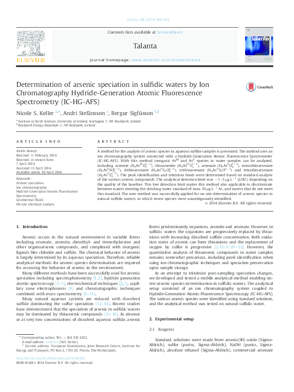 Pdf Determination Of Arsenic Speciation In Sulfidic Waters By Ion Chromatography Hydride