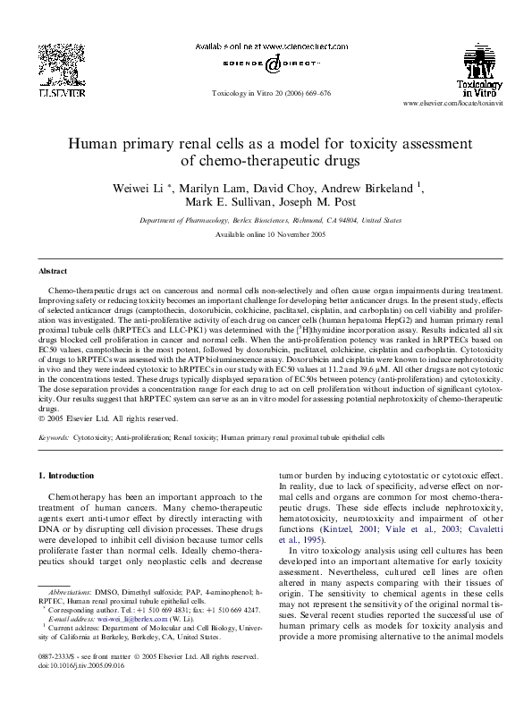 (PDF) Human primary renal cells as a model for toxicity assessment of ...