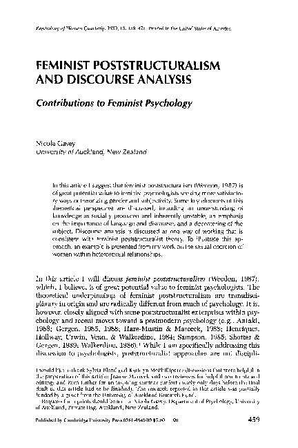 Pdf Feminist Poststructuralism And Discourse Analysis Contributions To Feminist Psychology