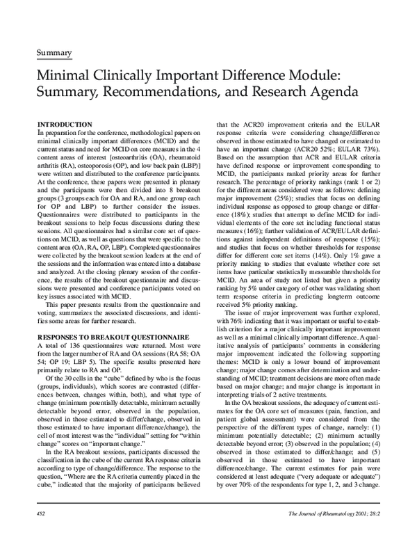 (PDF) Minimal clinically important difference module: summary, recommendations, and research agenda