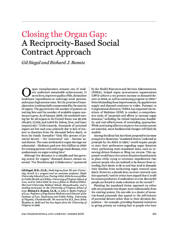 (PDF) Closing the Organ Gap: A Reciprocity-Based Social Contract Approach