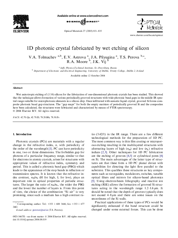 (PDF) 1D photonic crystal fabricated by wet etching of silicon