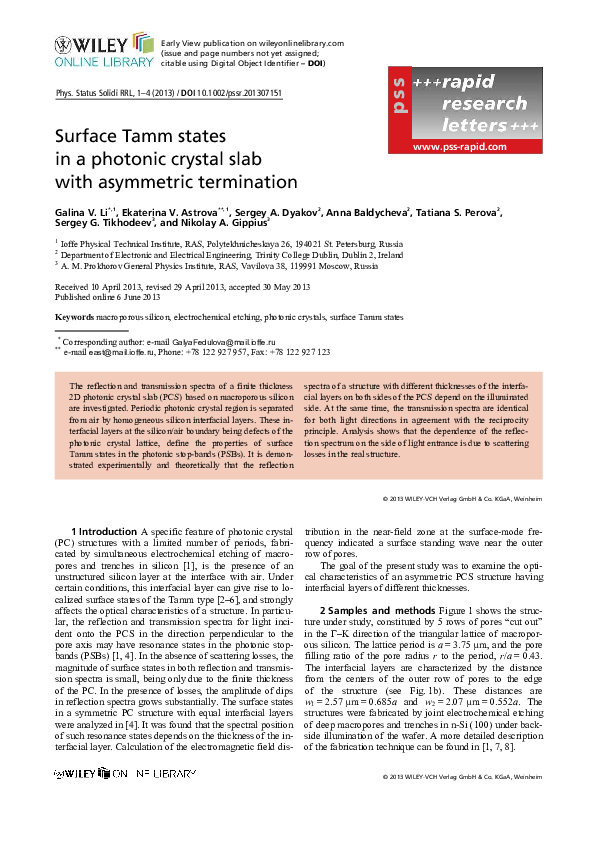 (PDF) Surface Tamm states in a photonic crystal slab with asymmetric ...