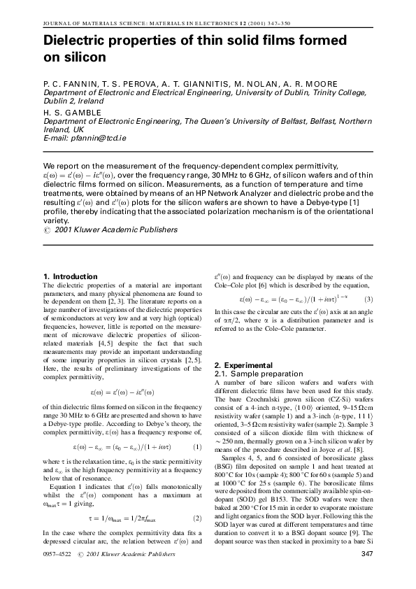(PDF) Dielectric properties of thin solid films formed on silicon | T. S. Perova - Academia.edu