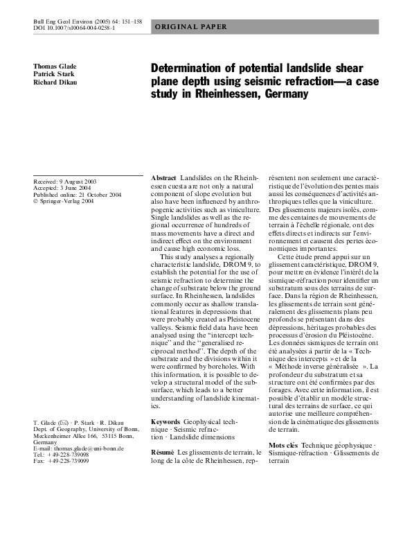 (PDF) Determination of potential landslide shear plane depth using seismic refraction a case ...