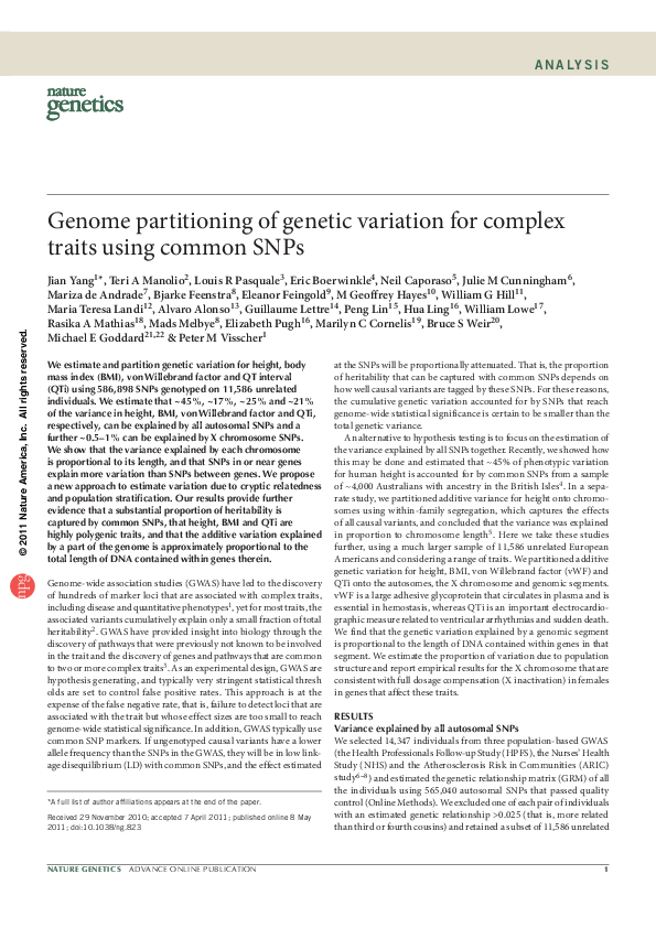 (PDF) Genome partitioning of genetic variation for complex traits using common SNPs