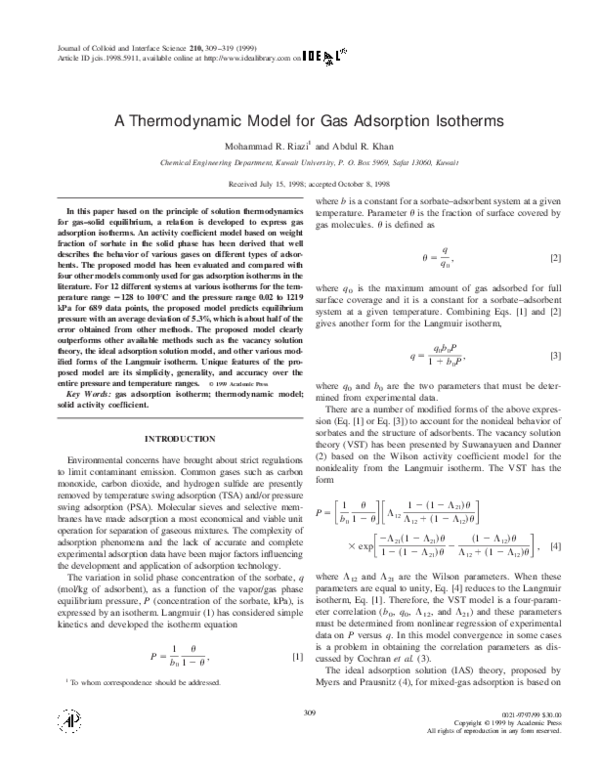 (PDF) A thermodynamic model for gas adsorption isotherms