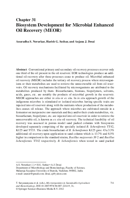 (PDF) Biosystem Development for Microbial Enhanced Oil Recovery (MEOR