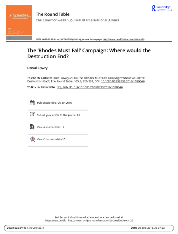 (PDF) The Round Table The 'Rhodes Must Fall' Campaign: Where would the ...