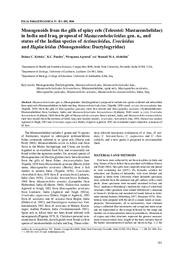 (PDF) Monogenoids from the gills of spiny eels (teleostei ...