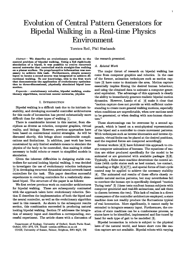 (PDF) Evolution of central pattern generators for bipedal walking in a real-time physics environment