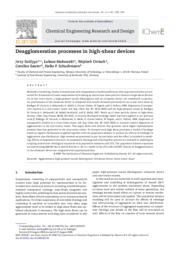 (PDF) Deagglomeration processes in high-shear devices
