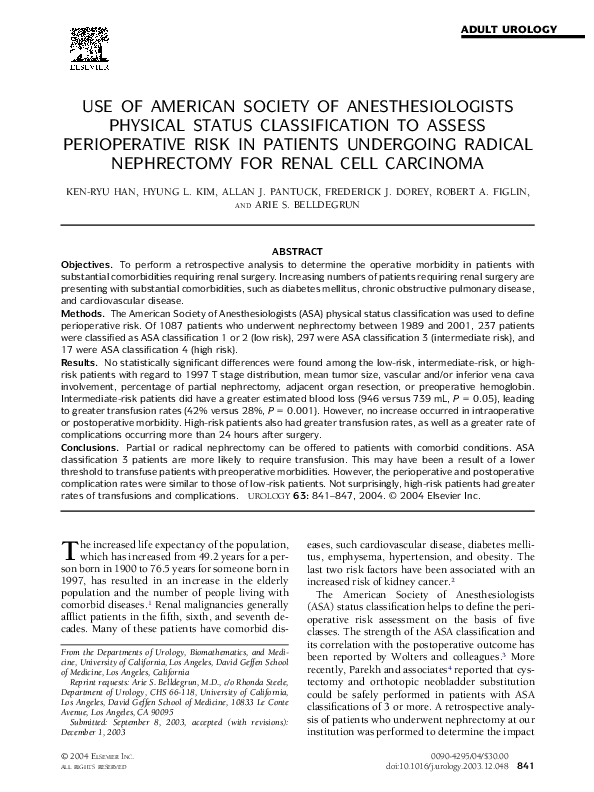 (PDF) Use of American Society of Anesthesiologists physical status ...