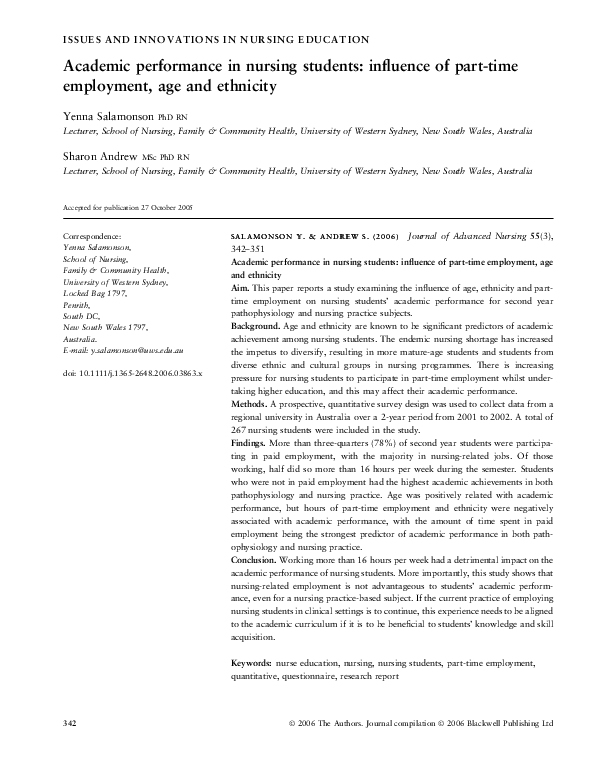 (PDF) Academic performance in nursing students: influence of part‐time ...