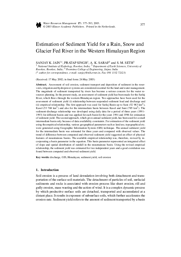 (PDF) Estimation of sediment yield for a rain, snow and glacier fed ...