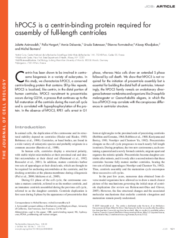 (PDF) hPOC5 is a centrin-binding protein required for assembly of full ...