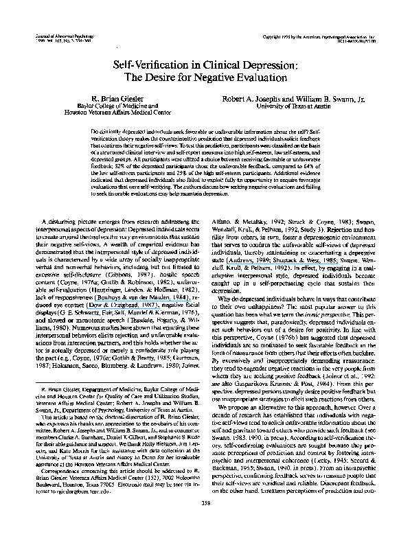 (PDF) Self-verification in clinical depression: The desire for negative evaluation