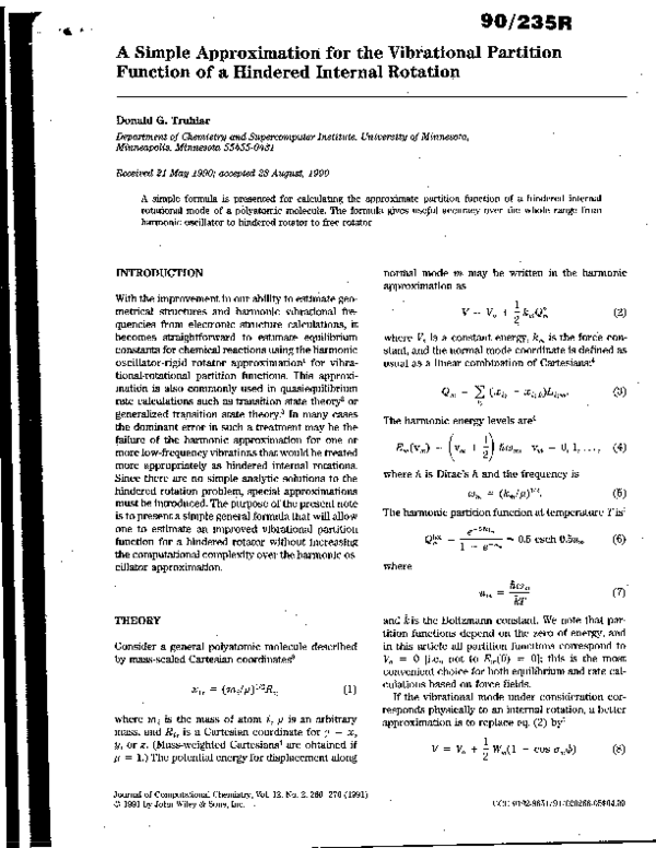 (PDF) A simple approximation for the vibrational partition function of a hindered internal rotation