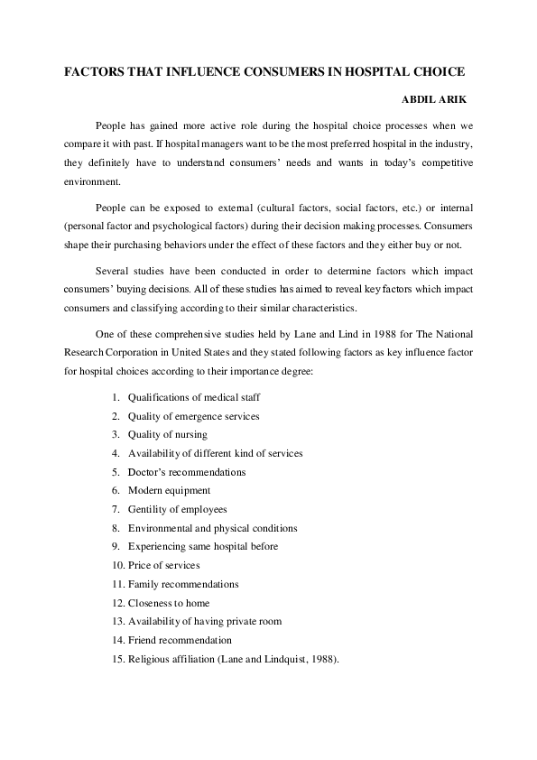 (PDF) Factors That Influence Consumers in Hospital Choice