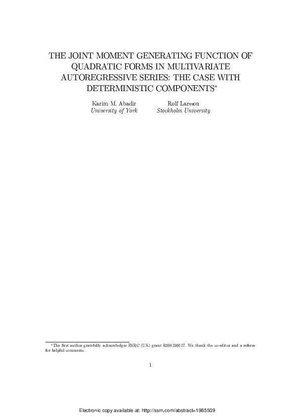 (PDF) The Joint Moment Generating Function of Quadratic Forms in ...