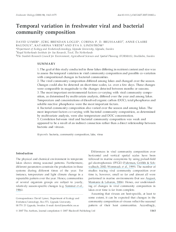 (PDF) Temporal variation in freshwater viral and bacterial community composition