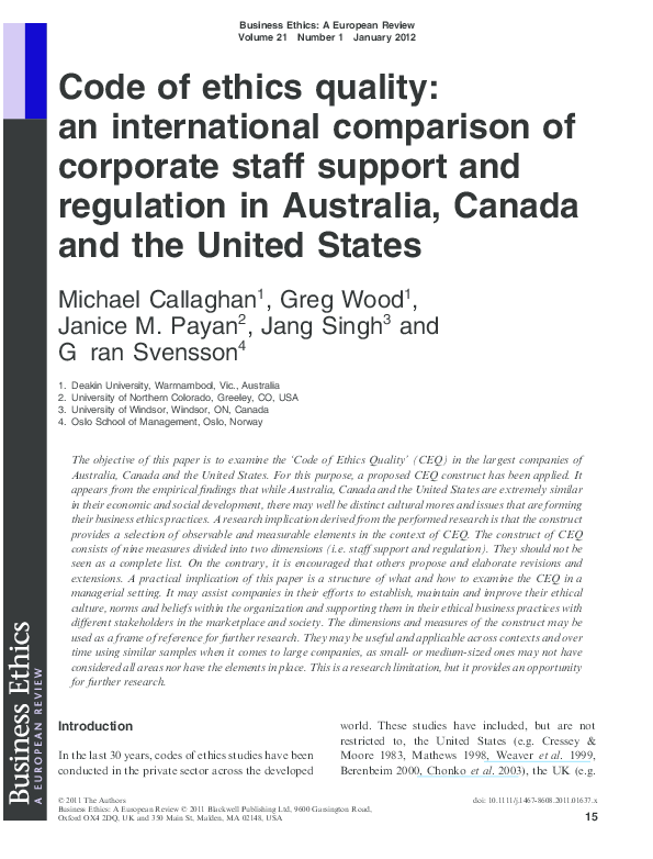 (PDF) Code of ethics quality: an international comparison of corporate ...