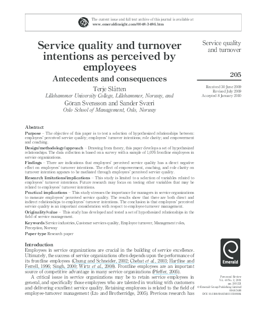 (PDF) Service quality and turnover intentions as perceived by employees ...