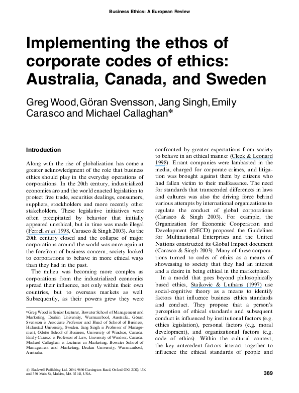 (PDF) Implementing the Ethos of Corporate Codes of Ethics: Australia ...