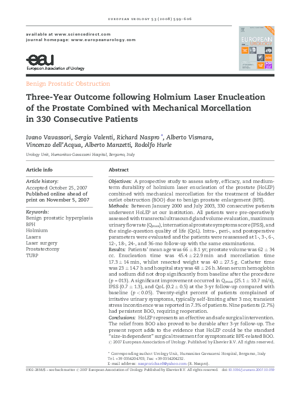 (PDF) Three-year outcome following holmium laser enucleation of the ...