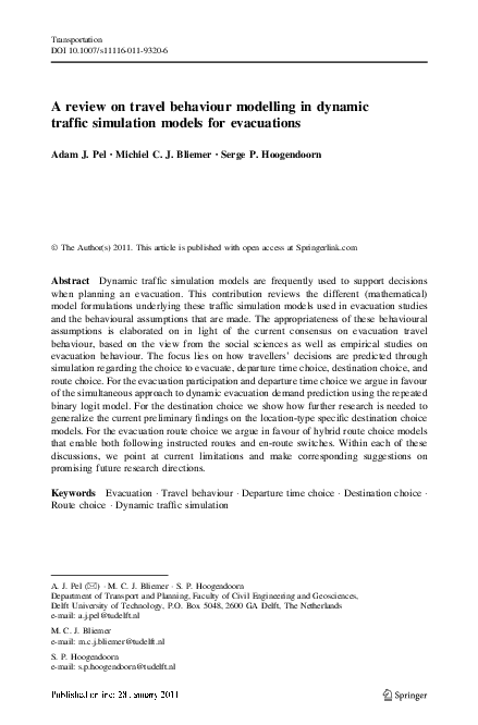 Pdf A Review On Travel Behaviour Modelling In Dynamic Traffic Simulation Models For Evacuations