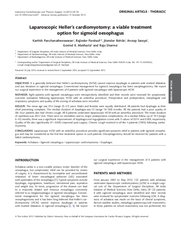 (PDF) Laparoscopic Heller's cardiomyotomy: a viable treatment option ...
